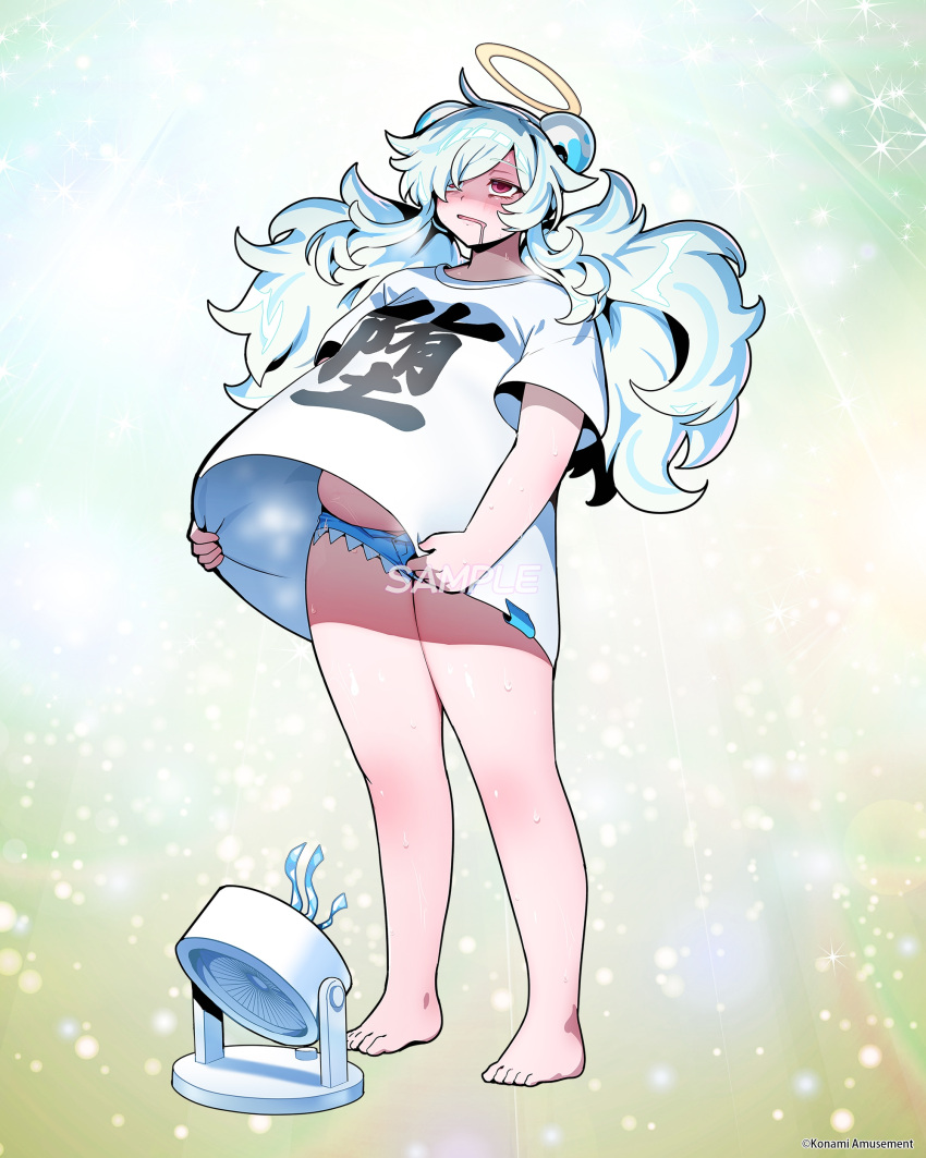 Safebooru - absurdres artist request bare legs barefoot blue shorts blush copyright name ...