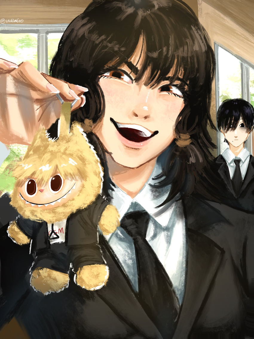 Safebooru - 1boy 1girl black eyes black hair black jacket black necktie black suit brown eyes ...