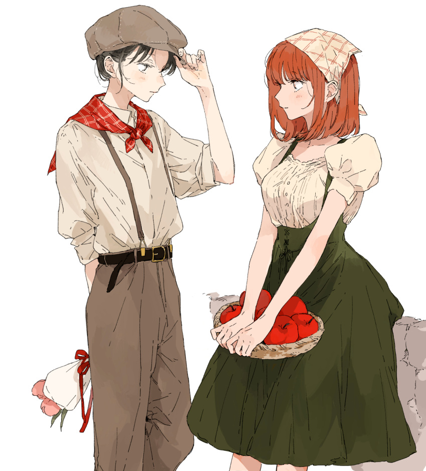 Safebooru - 2girls apple arms behind back beret black hair flower food ...