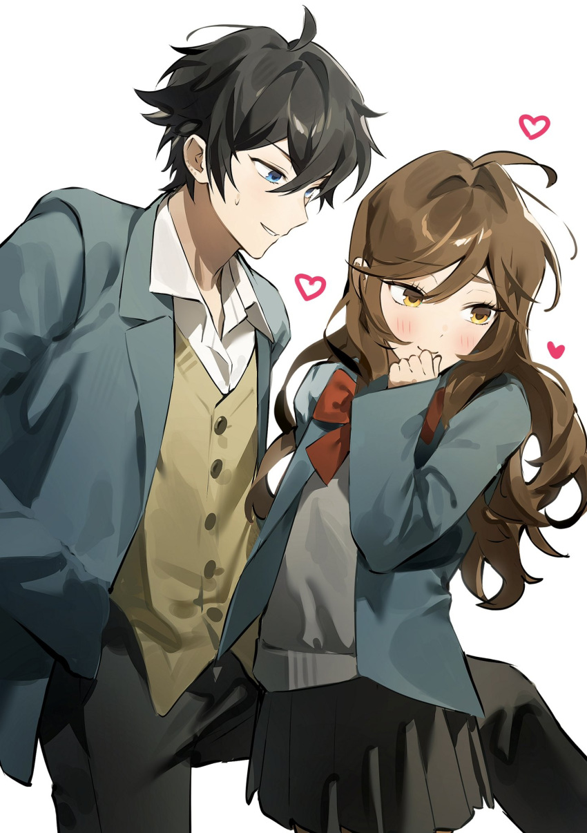 Safebooru - 1boy 1girl ahoge black hair black pants black skirt blazer ...