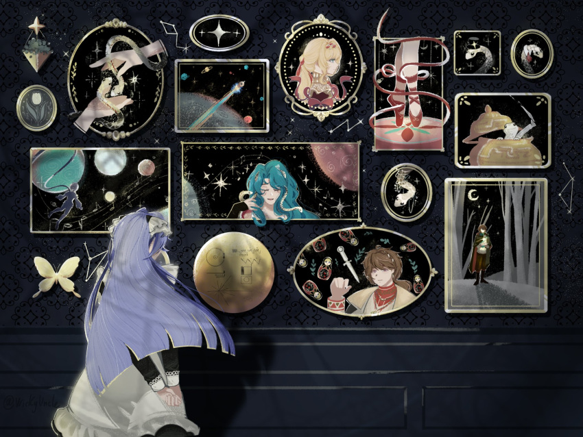 Safebooru - 1girl apron arms behind back black background black dress blue hair bug butterfly ...