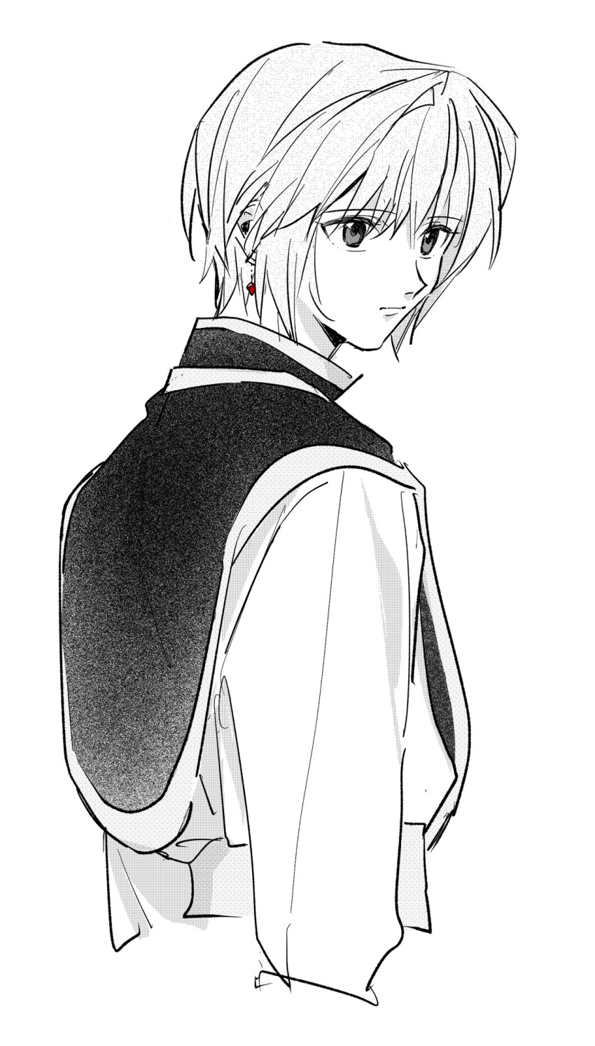 Safebooru - 1boy androgynous closed mouth cropped torso greyscale ...