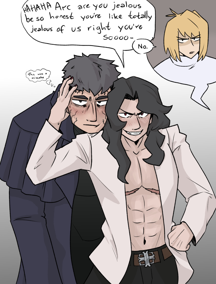 Safebooru - 1girl 2boys ahoge angry arcueid brunestud belt black hair ...