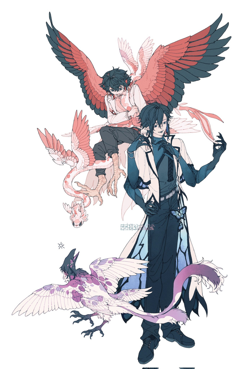 Safebooru - 2boys animal feet bird legs bird tail bird wings black hair ...