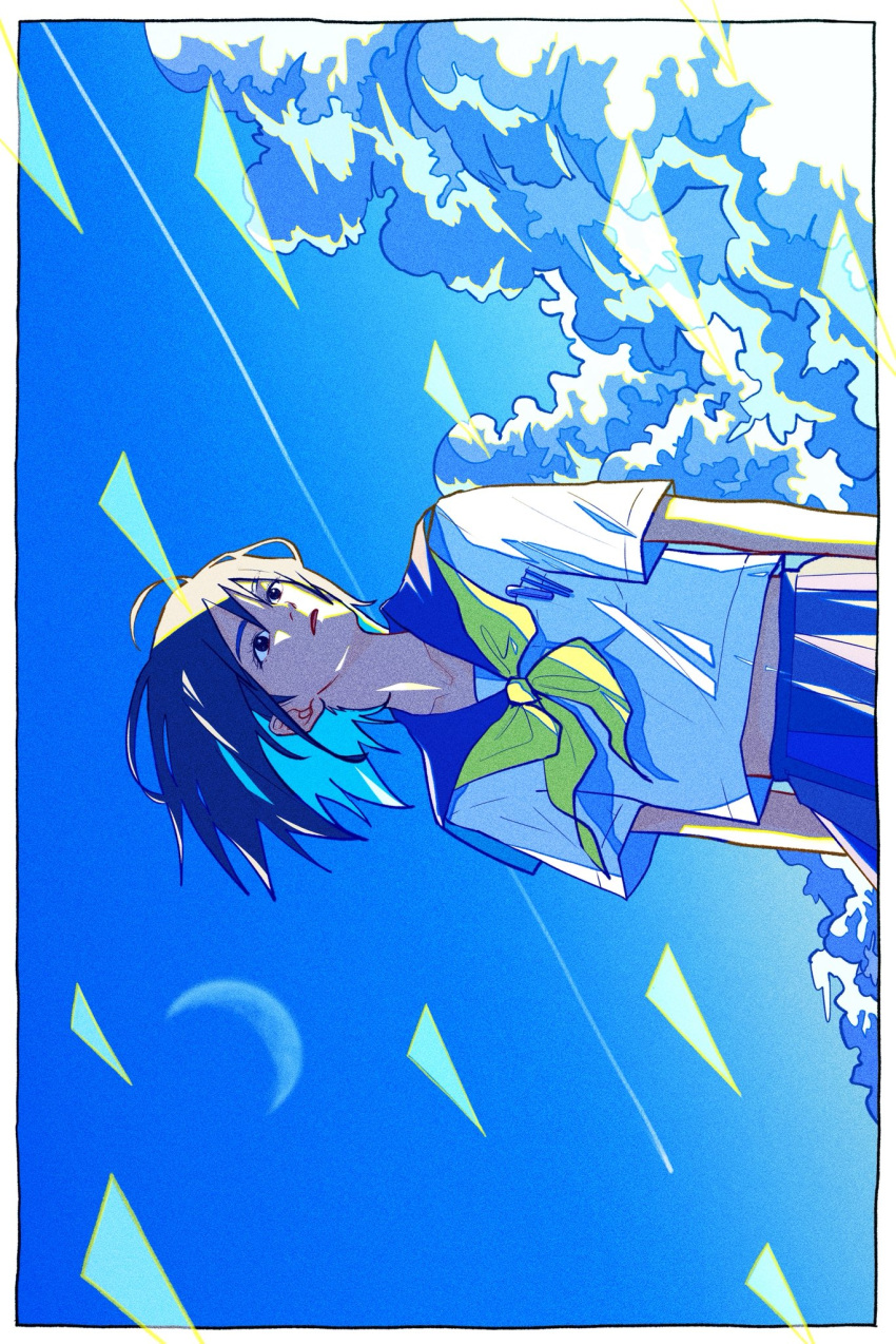 Safebooru - 1girl 76oi blue hair blue sailor collar blue skirt border clouds commentary floating ...