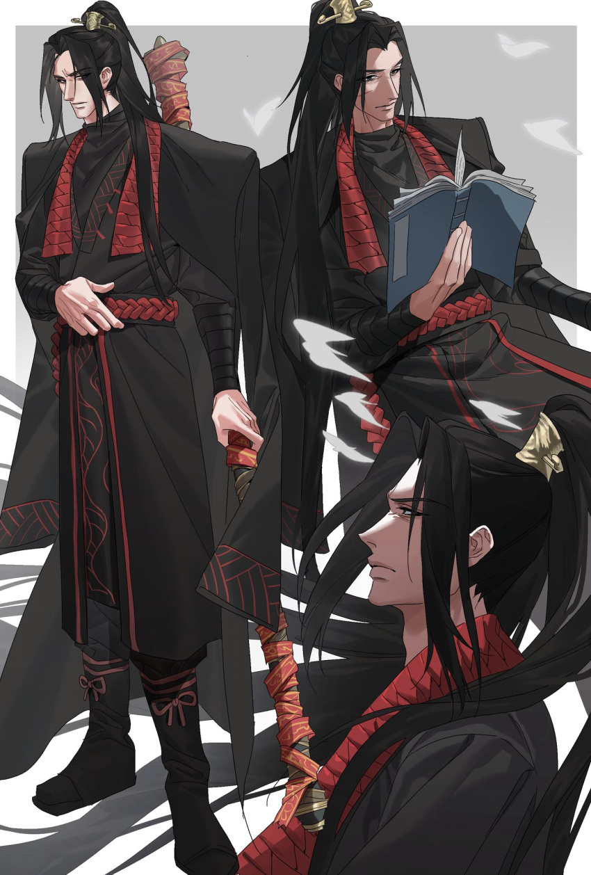 Safebooru - 1boy black hair black hanfu black jacket book border ...