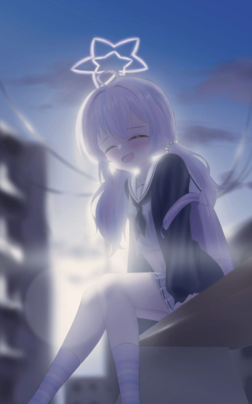 Safebooru - 1girl absurdres bench bloom blue archive blue background blurry blurry background ...