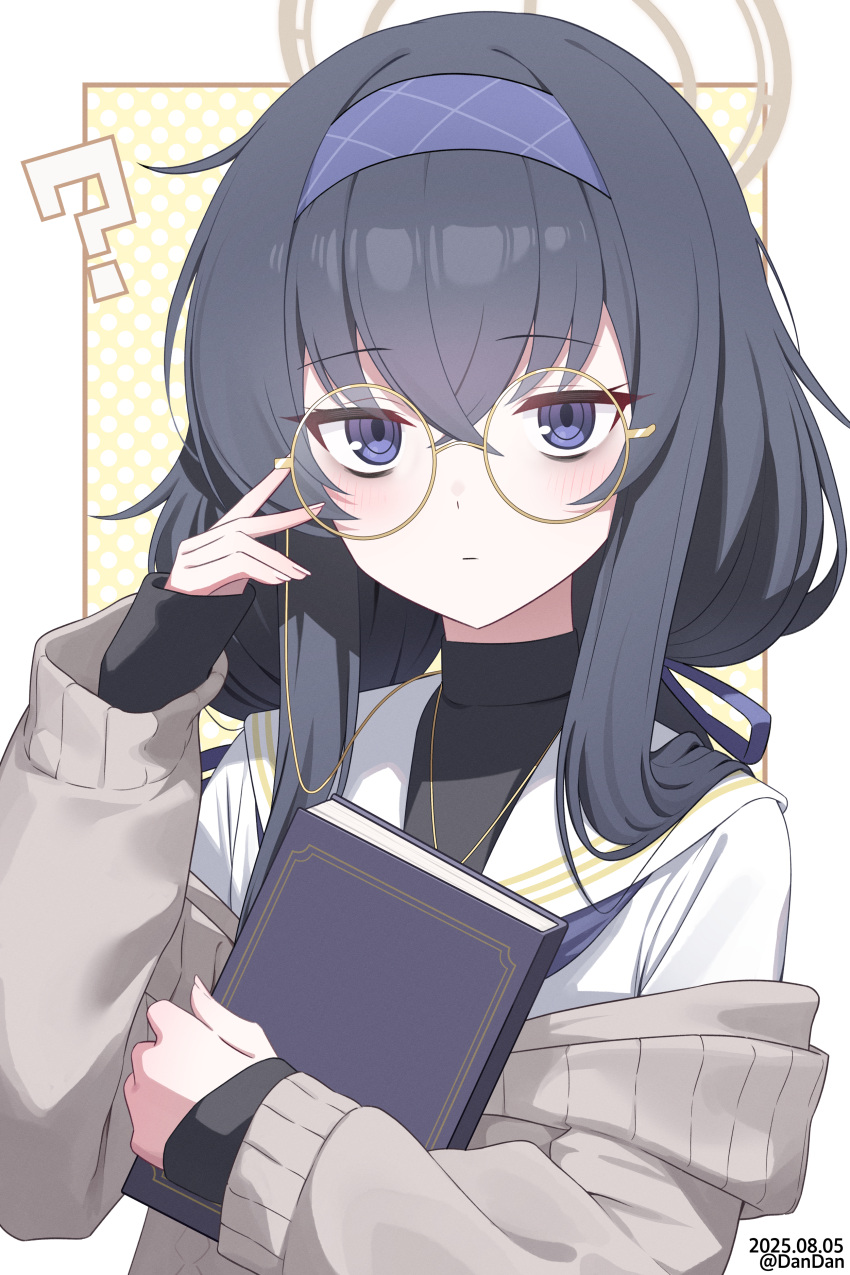 Safebooru - 1girl absurdres black hair blue archive blue hairband book brown cardigan brown halo ...