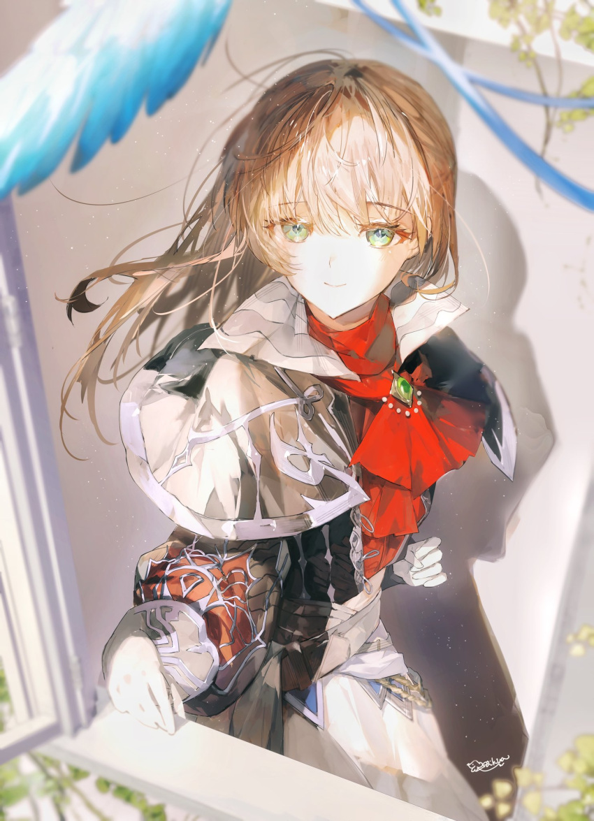 Safebooru - 1girl ascot bird black jacket blue bird brown hair closed ...