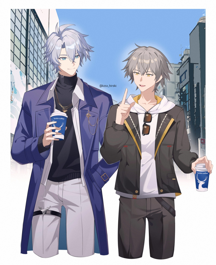 Safebooru - 2boys antenna hair black jacket black pants black sweater ...