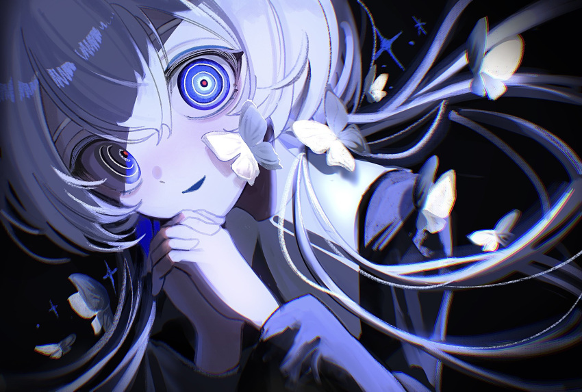 Safebooru - 1girl black background black dress blue eyes bug butterfly crazy eyes dress grey ...
