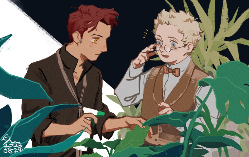 Safebooru - 2boys aziraphale (good omens) black shirt bottle bow bowtie ...