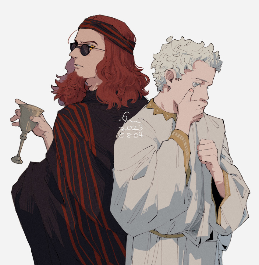 Safebooru - 2boys aziraphale (good omens) back-to-back beard black robe ...