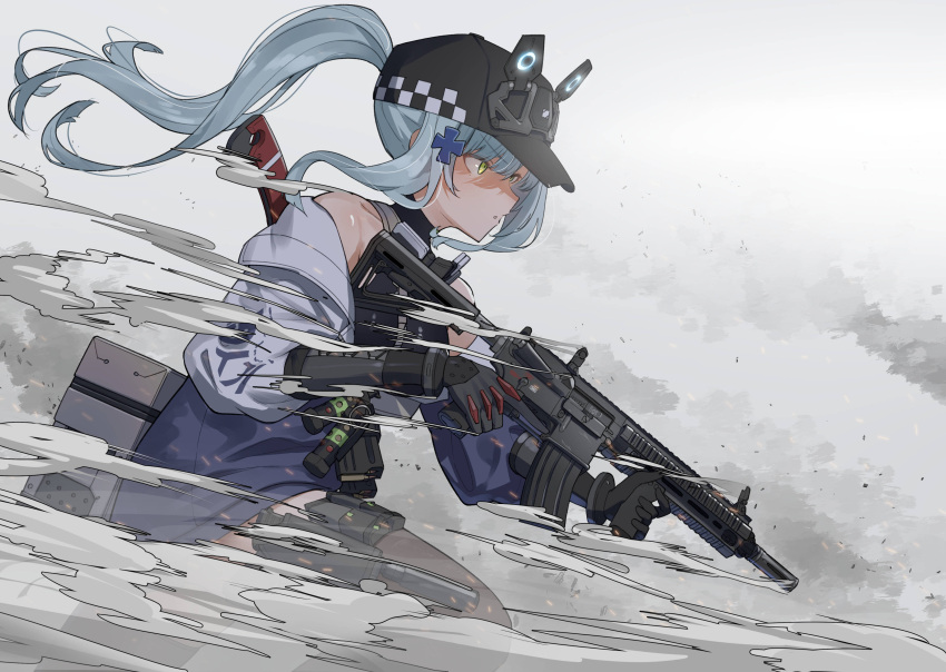 Safebooru - 1girl absurdres assault rifle baseball cap black hat black ...