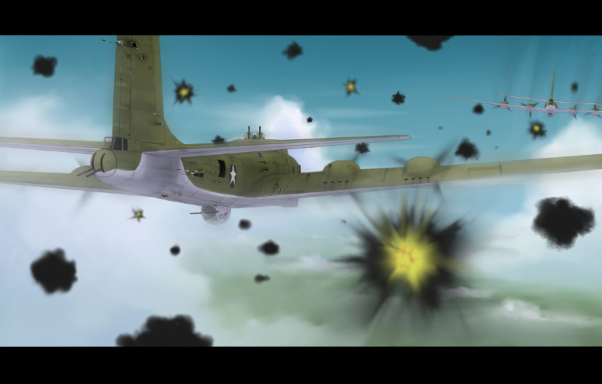 Safebooru - b-17 bomber bullet hole cloud clouds damaged explosion flak ...