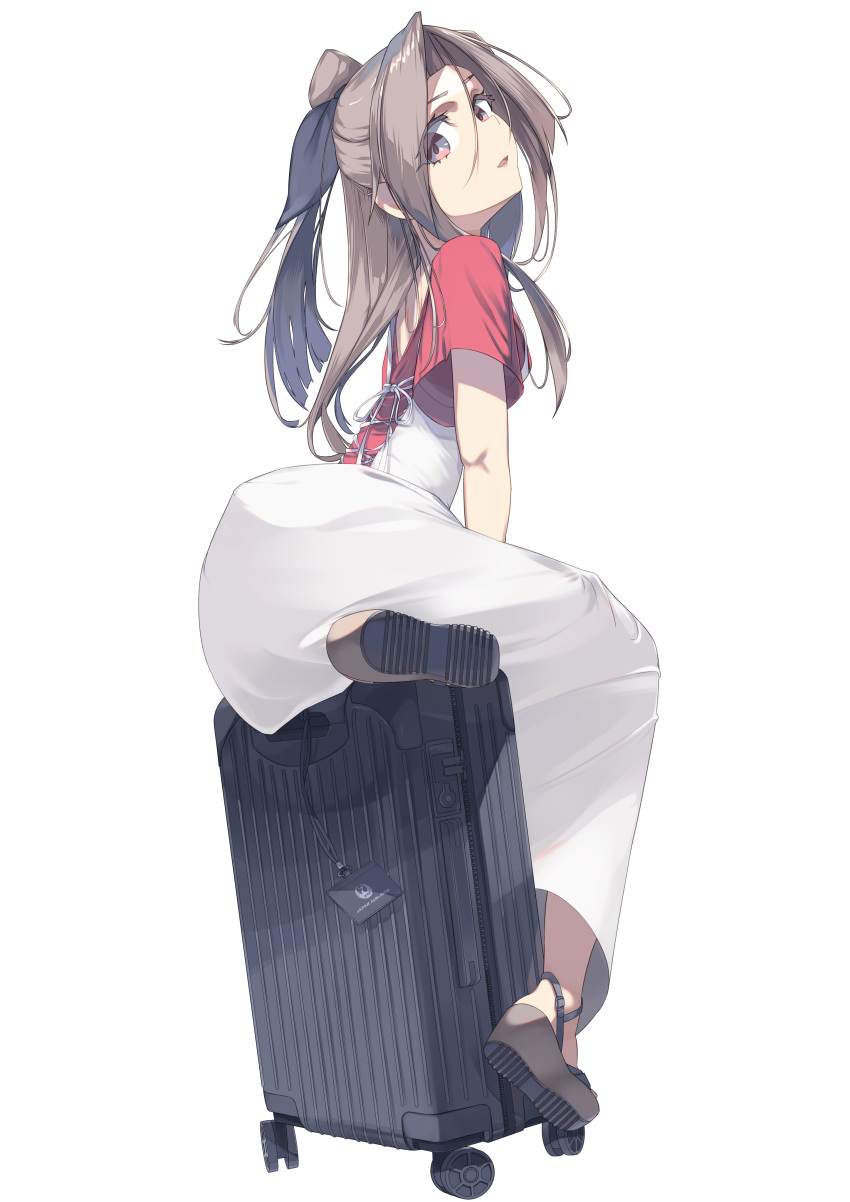 Safebooru - 1girl absurdres black ribbon blush brown eyes brown hair denim denim skirt dress fei ...