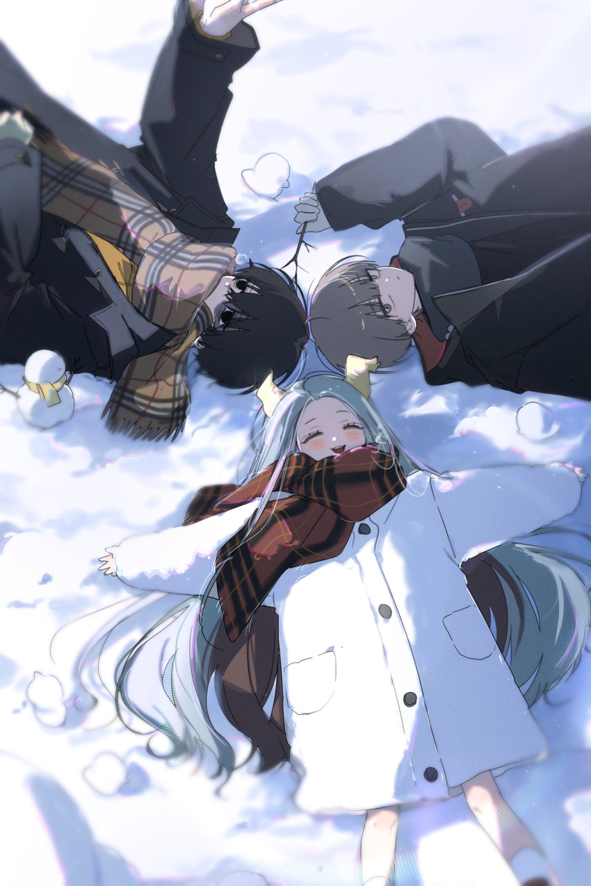 Safebooru - 1girl 2boys absurdres black coat black eyes black hair black scarf blue hair breath ...