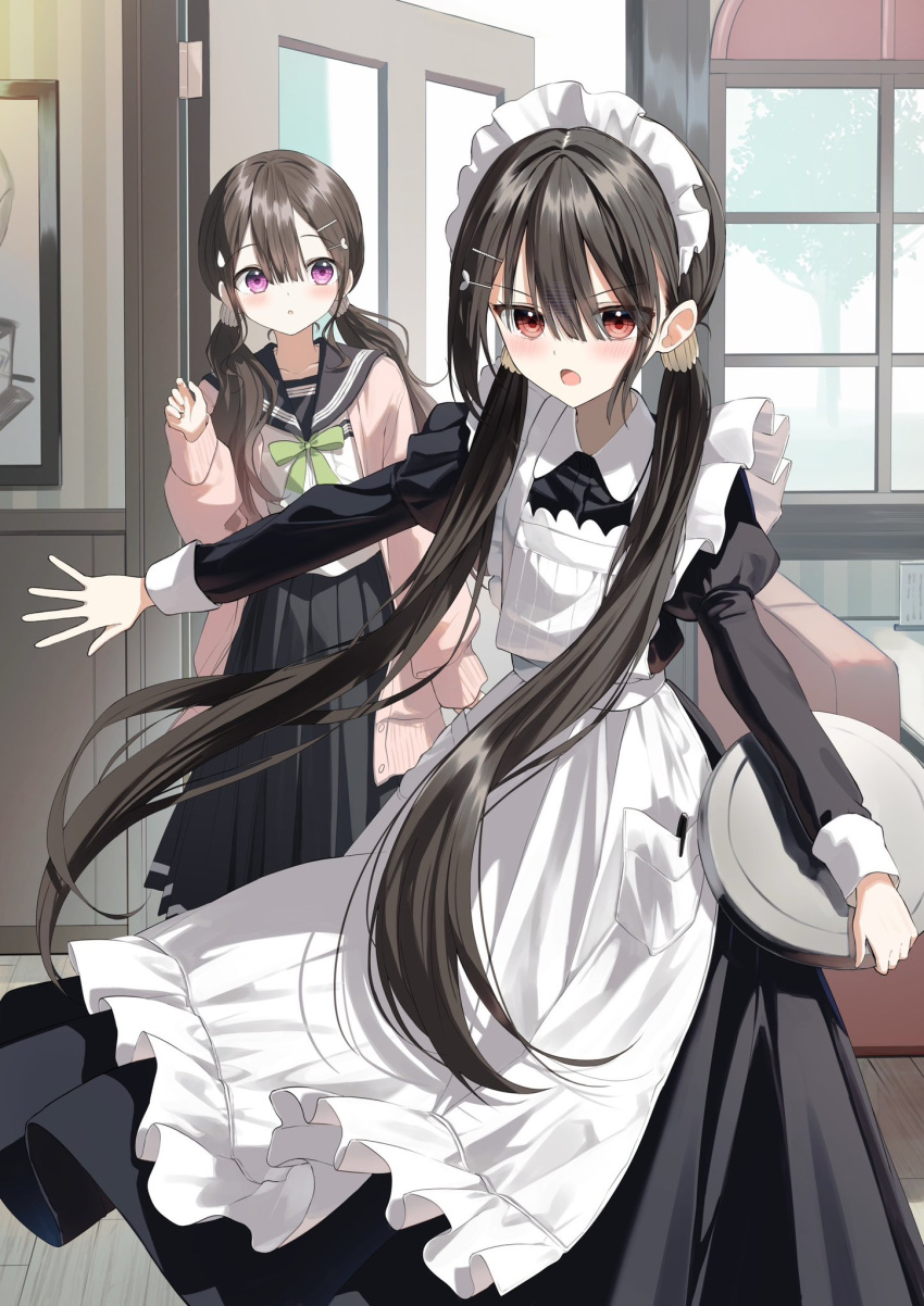 Safebooru - 2girls apron black dress black hair black sailor collar black skirt blush bow ...