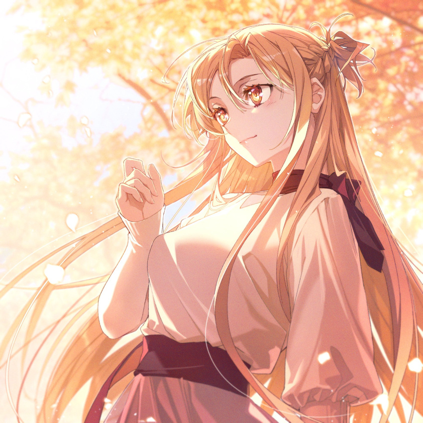 Safebooru - 1girl asuna (sao) autumn autumn leaves brown eyes brown ...