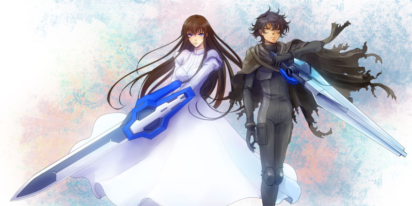 Safebooru - black hair blue eyes brown hair cloak dress exia gundam ...