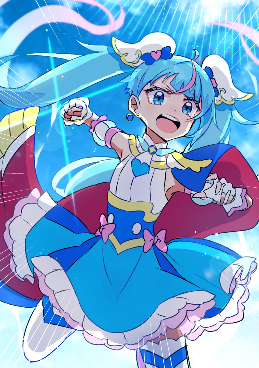 Safebooru - 1girl :d ahoge akatsuxe arm up asymmetrical bangs blue cape ...