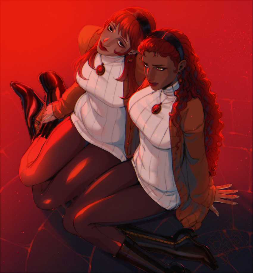 Safebooru - 2girls blackberreh-art boots breasts curly hair dark ...
