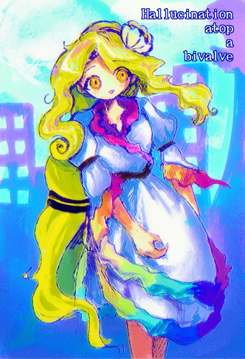 Safebooru - 1girl blonde hair clam shell ornament dress english text ...