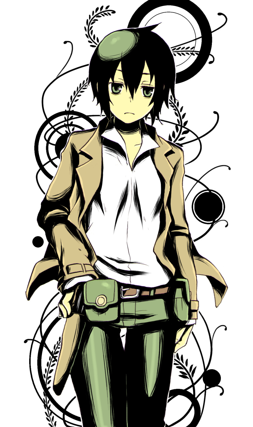 Safebooru - belt pouch coat frown green eyes green hair gun highres ...