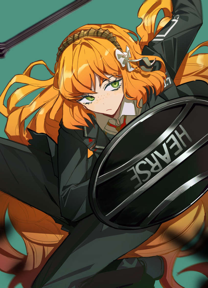 Safebooru - 1girl aqua background arm shield black jacket black pants ...