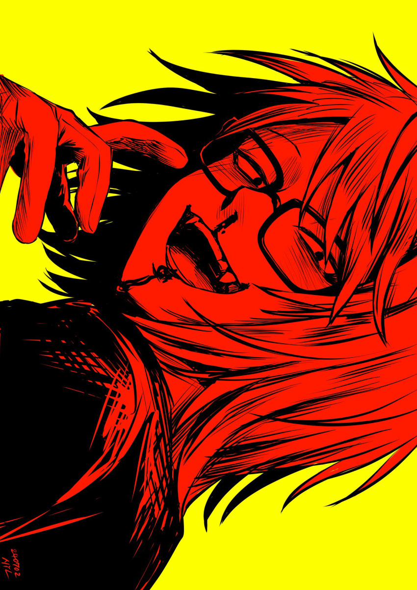 Safebooru - 1boy blood commentary request fangs glasses gloves hand up ...