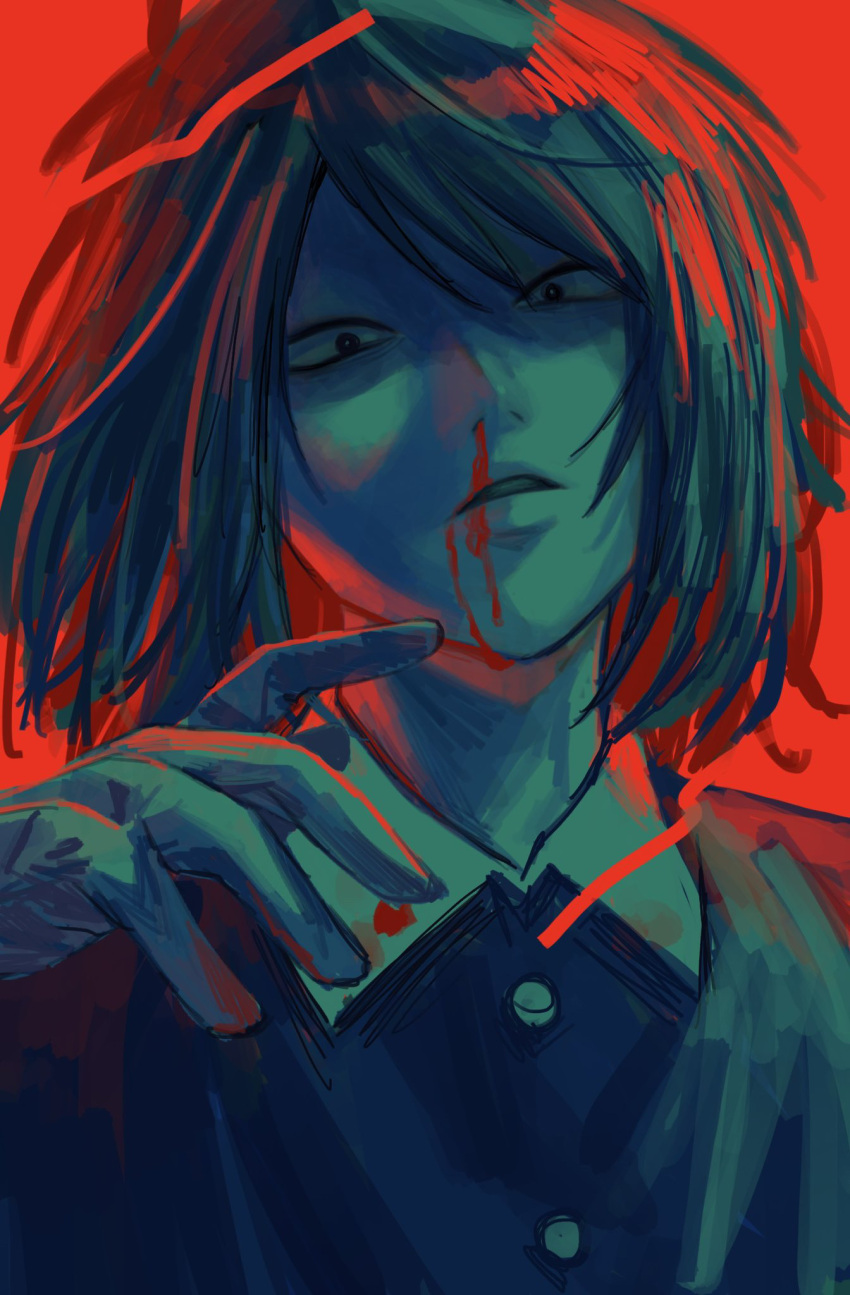 Safebooru - 1boy blood commentary request hand up highres looking at ...