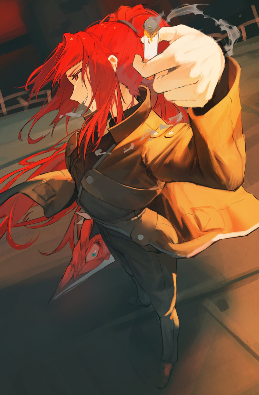 Safebooru - 1girl absurdres arm up black shirt brown jacket cigarette ...