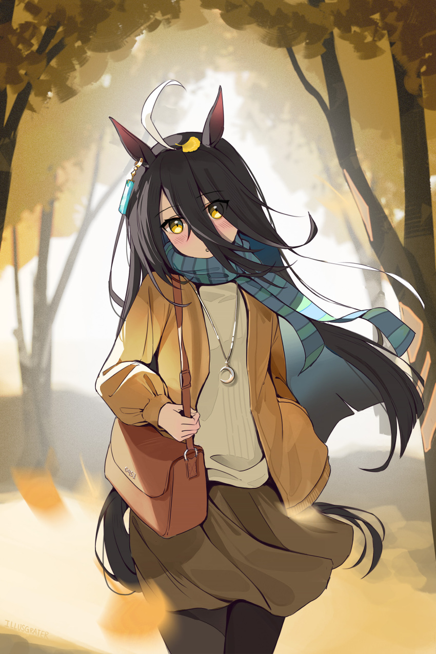 Safebooru - 1girl absurdres ahoge animal ears bag black hair black pantyhose blush brown jacket ...