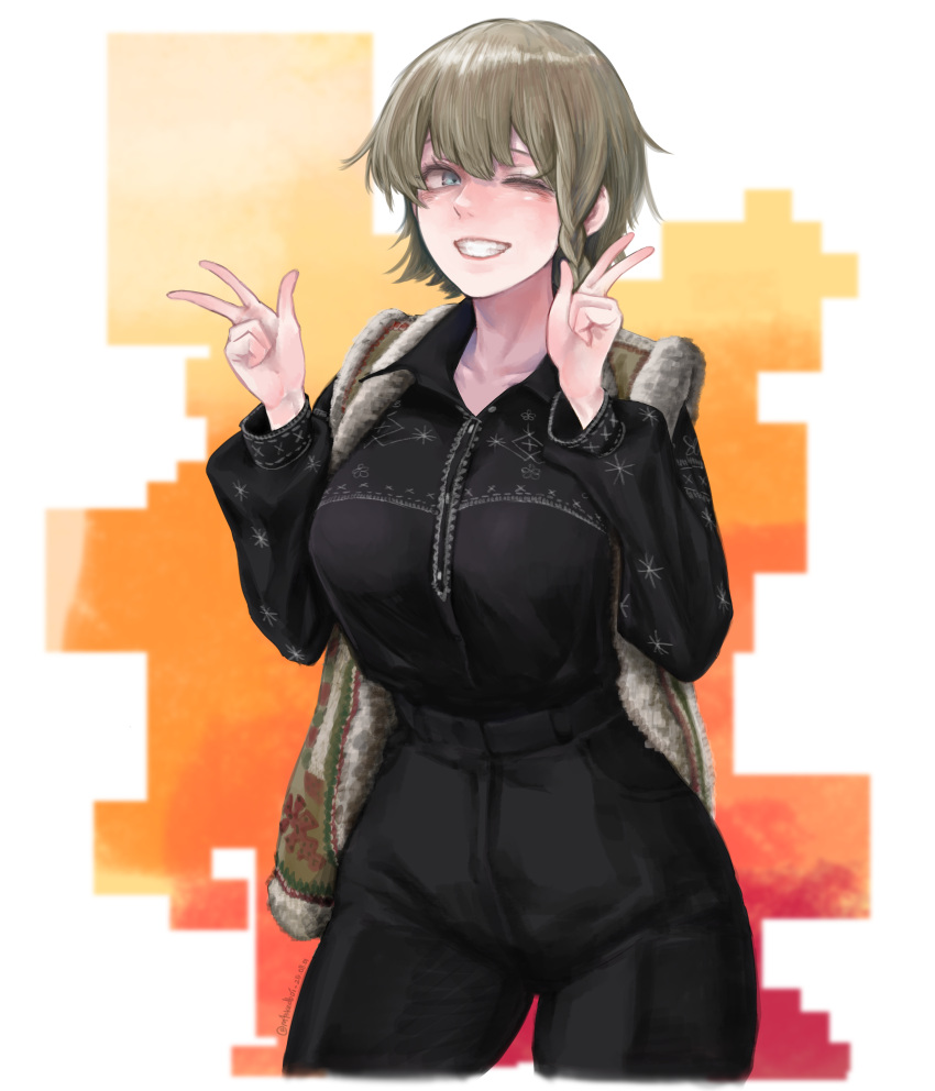 Safebooru - 1girl absurdres asymmetrical bangs black pants black shirt ...