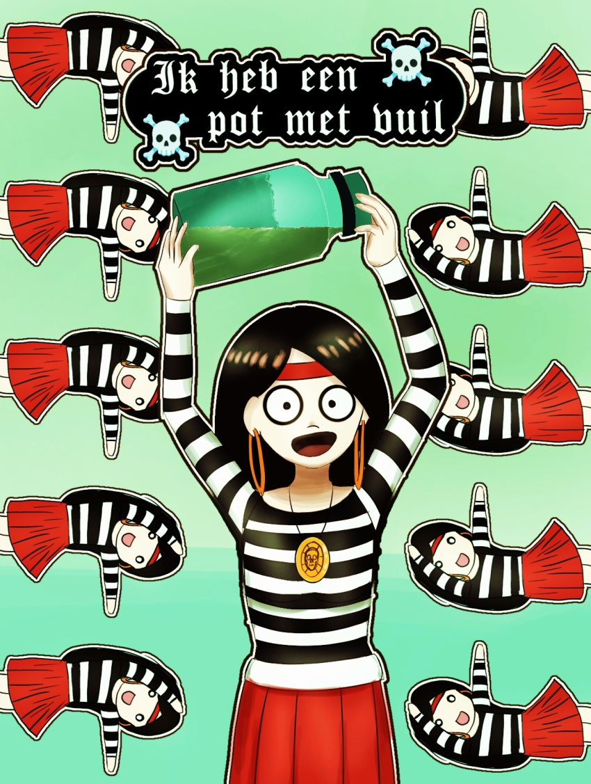 Safebooru - 1girl arms up bandana black eyes black hair coin dutch text ...