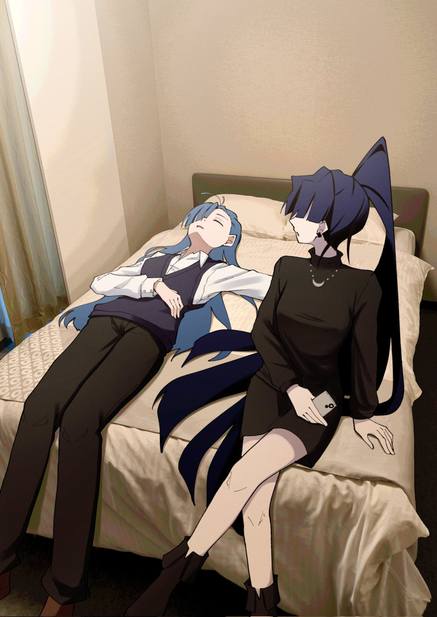 Safebooru - 2girls ado (utaite) ahoge bed black pants black shirt black ...
