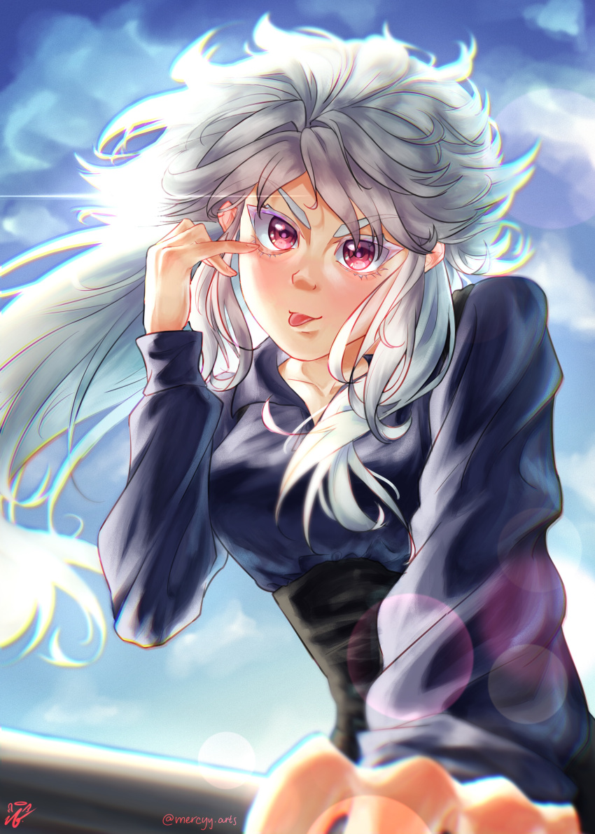 Safebooru - 1girl :p absurdres blue sky collared shirt highres light ...