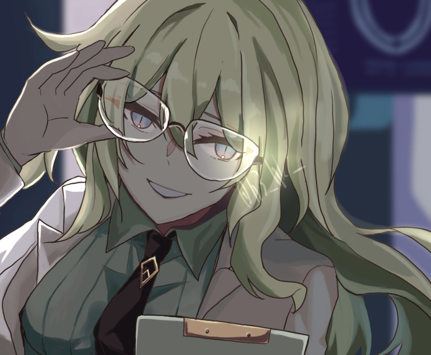 Safebooru - 1girl adjusting eyewear black necktie breasts coat collared ...