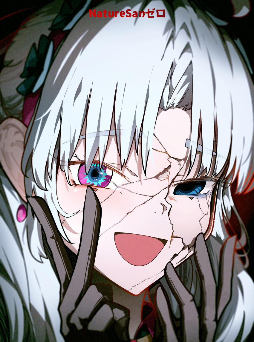 Safebooru - 1girl :d absurdres artist name bags under eyes black gloves ...