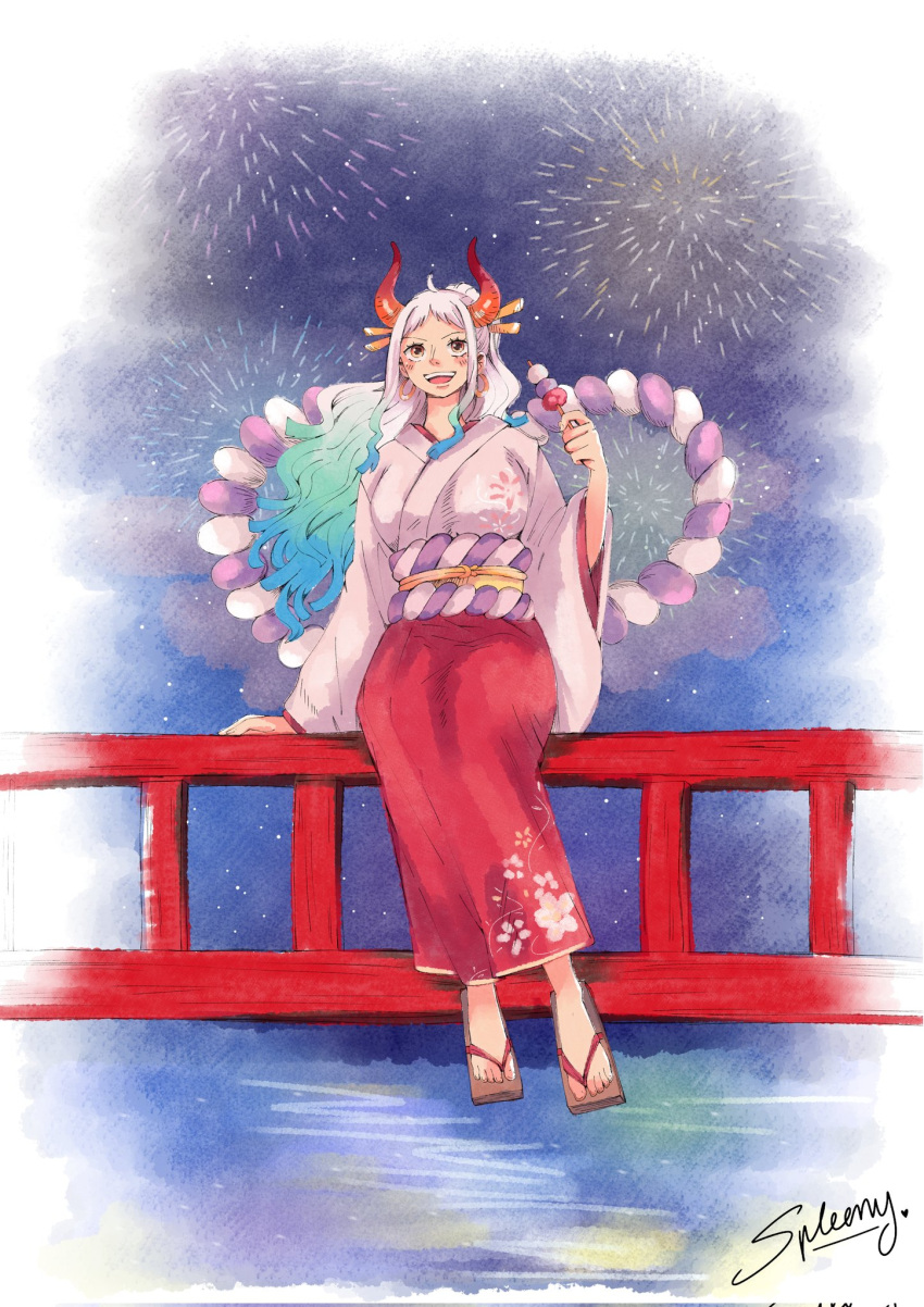 Safebooru - bridge dango fireworks food happy highres japanese clothes ...