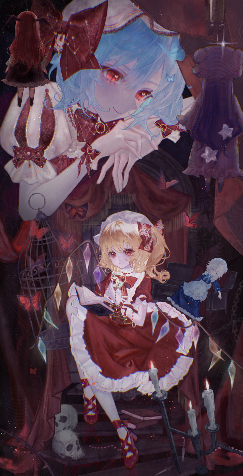 Safebooru - absurdres birdcage blonde hair blue hair book bug butterfly ...