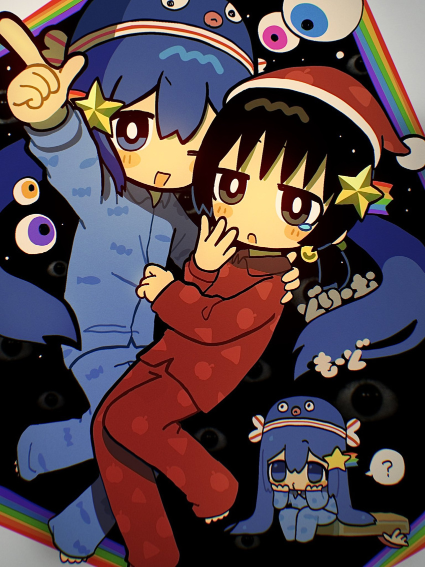 Safebooru - 2girls ? blue eyes blue hair blue hat blue pajamas collared ...