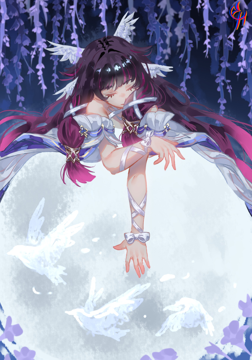 Safebooru - 1girl absurdres bare shoulders bird black hair blunt bangs closed eyes closed mouth ...