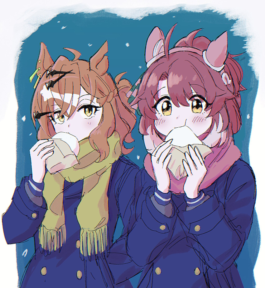 Safebooru - 2girls ahoge animal ears blue coat blush brown eyes brown ...