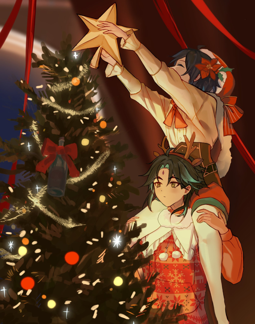Safebooru - 2boys antlers bottle christmas christmas star christmas ...