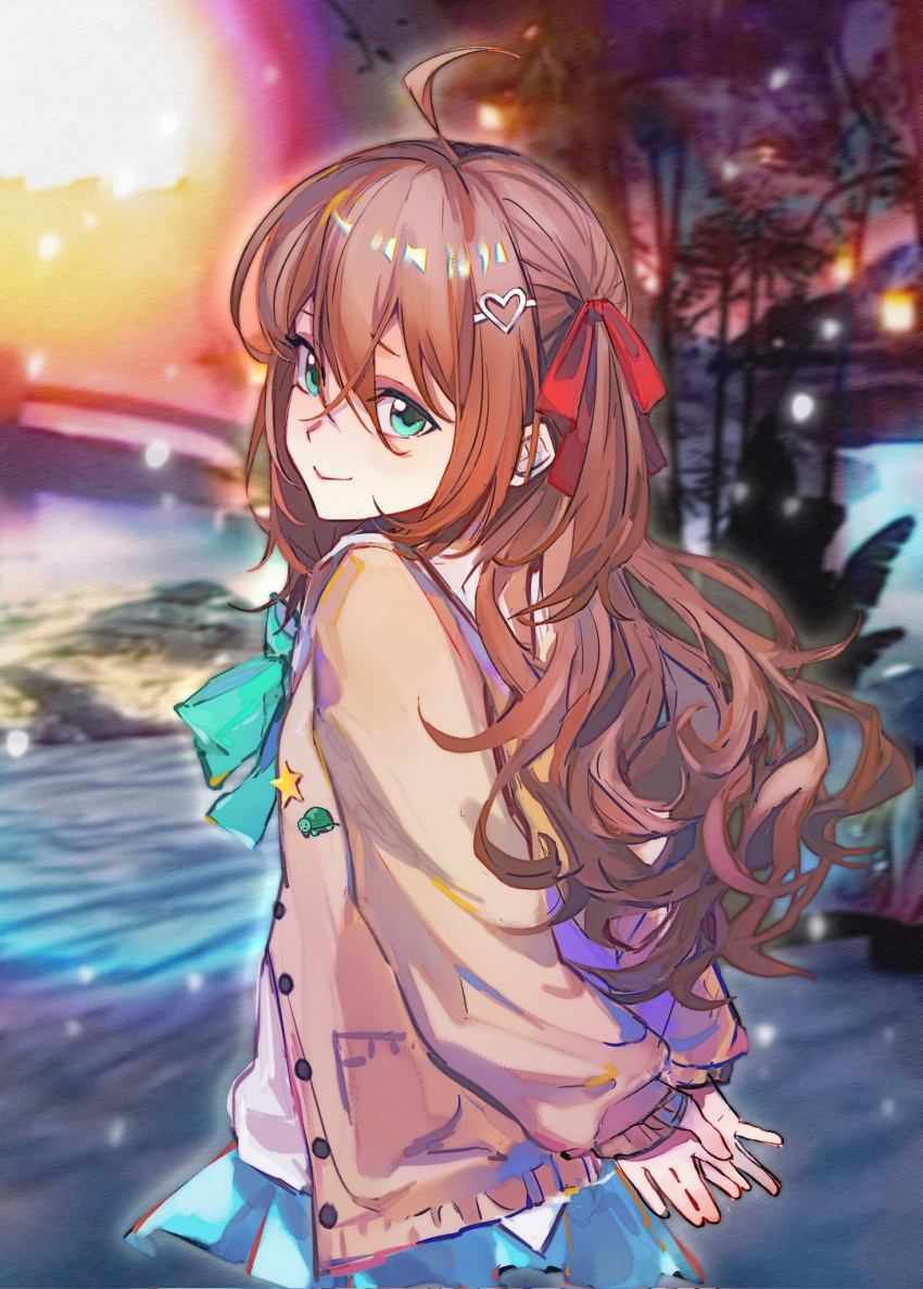 Safebooru - 1girl ahoge aqua bow aqua bowtie badge blue eyes blue skirt ...