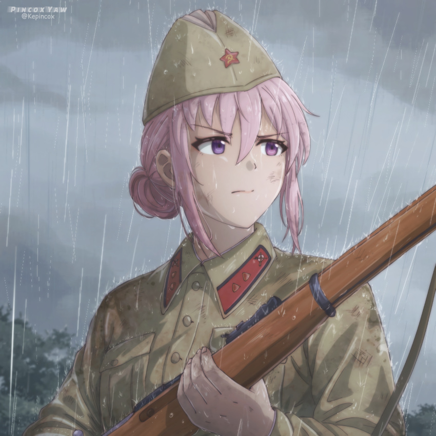 Safebooru - bolt action brown hat brown jacket clouds cloudy sky collar ...