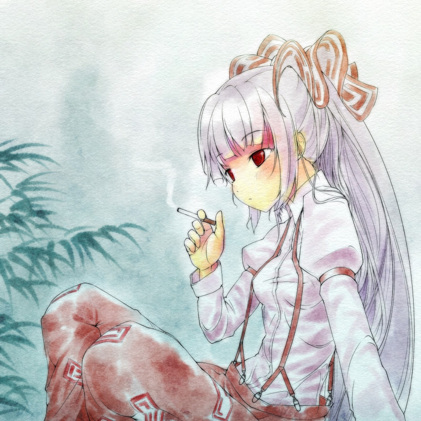 Safebooru - cigarette colored fujiwara no mokou hair ribbon highres p ...
