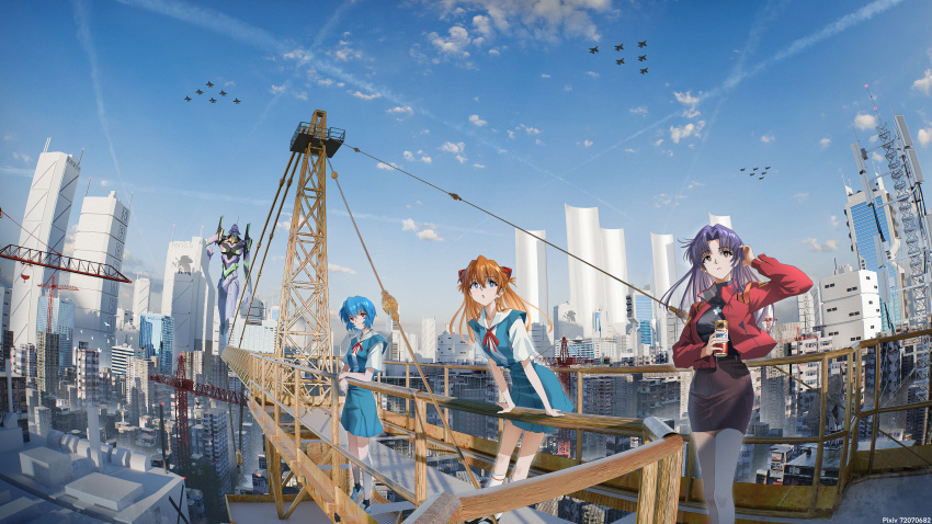 Safebooru - 3girls absurdres against railing aircraft airplane ankle ...