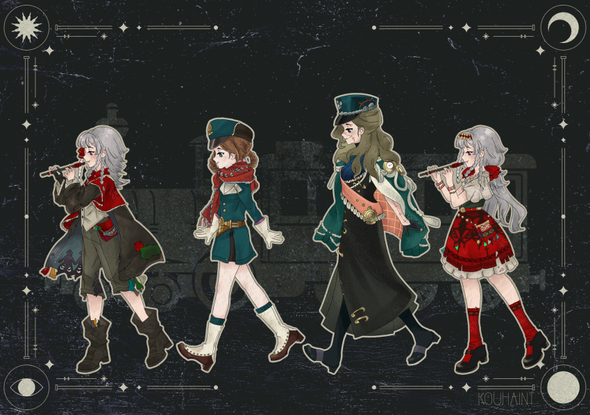 Safebooru - 4girls aima (reverse:1999) artist name black background ...